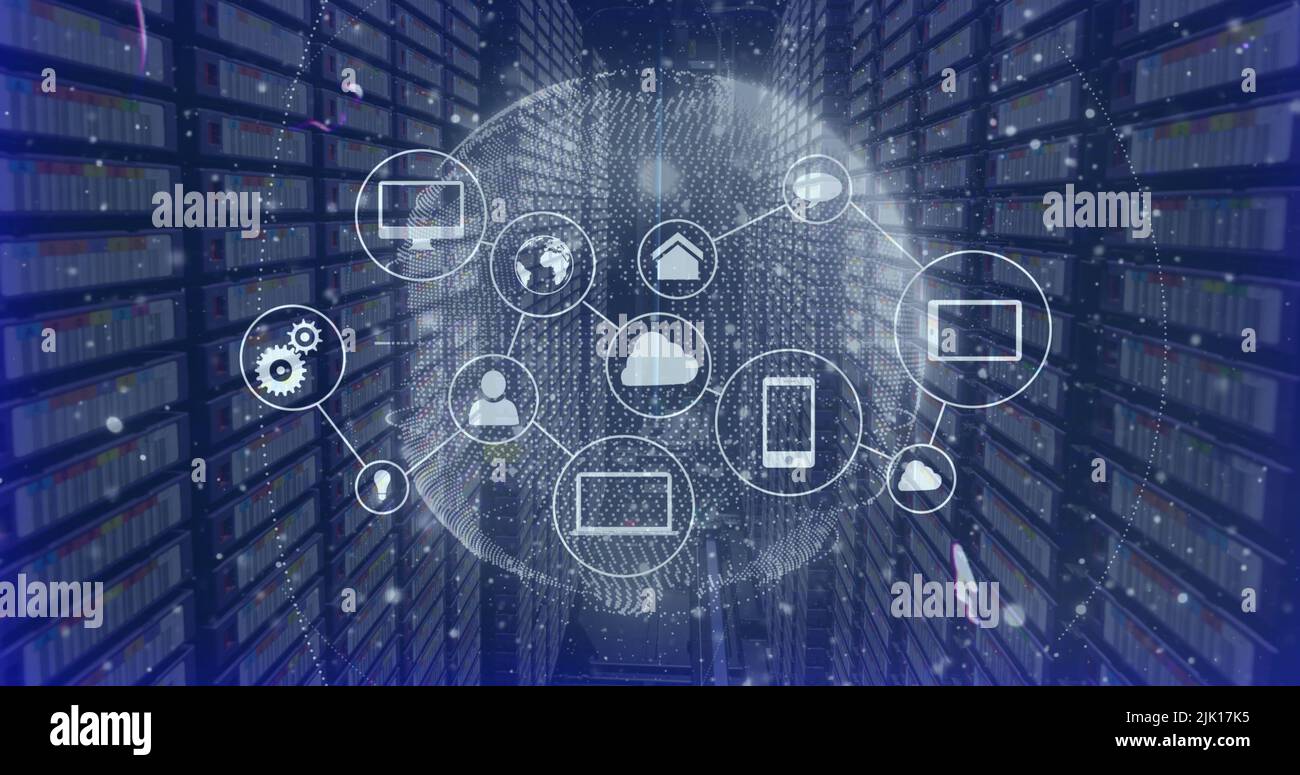 Image of data processing and globe with icons over server room Stock ...