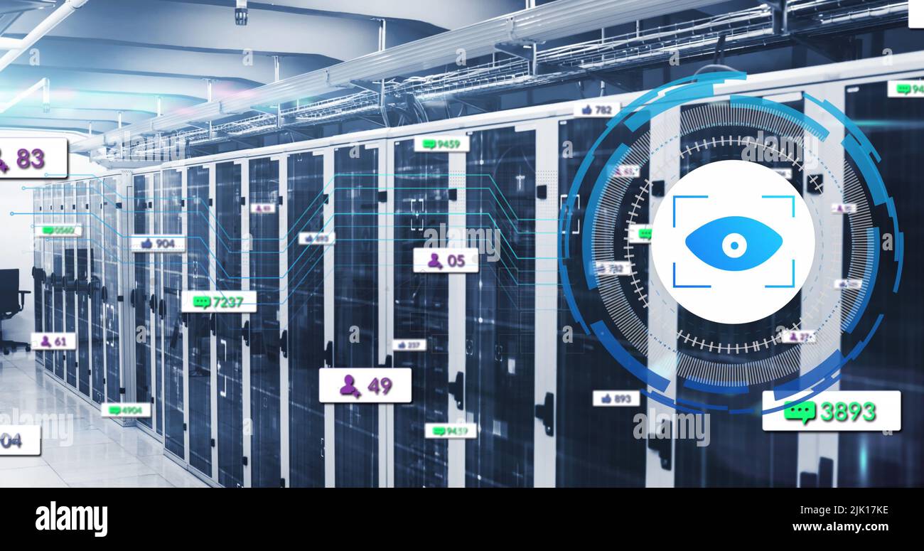 Image of media and eye icons over server room Stock Photo - Alamy