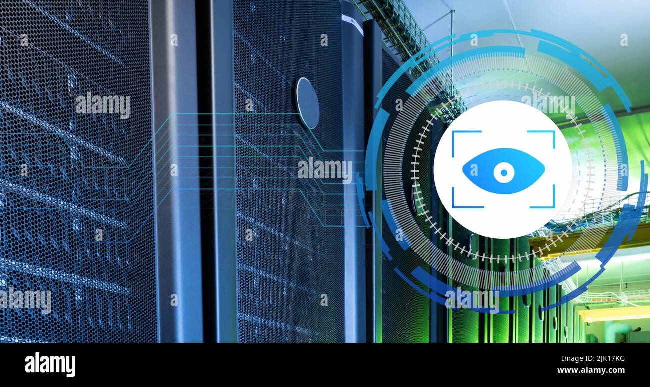 Image of data processing with eye icon over server room Stock Photo - Alamy