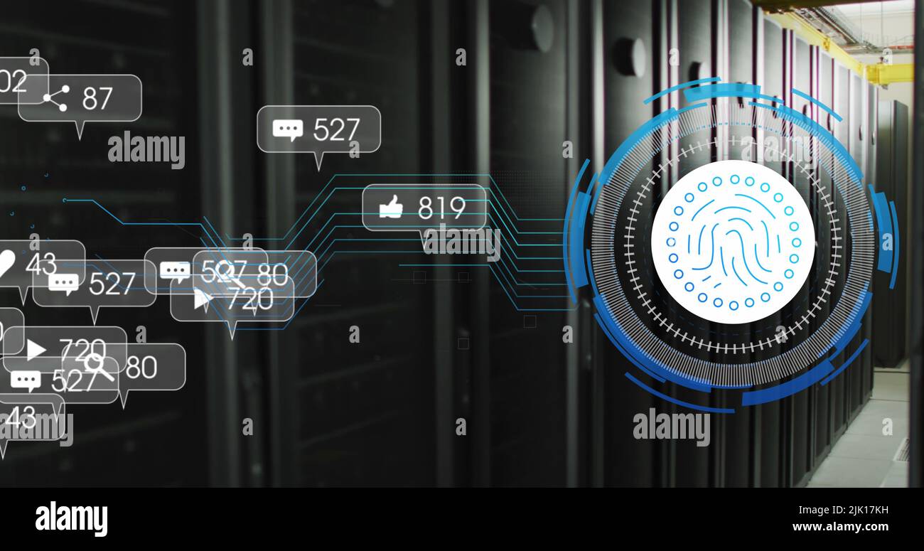 Image of media icons and fingerprint icon over server room Stock Photo ...