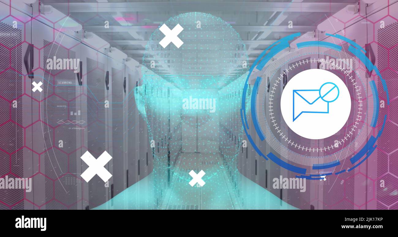 Image of data processing with envelope icon over server room Stock ...