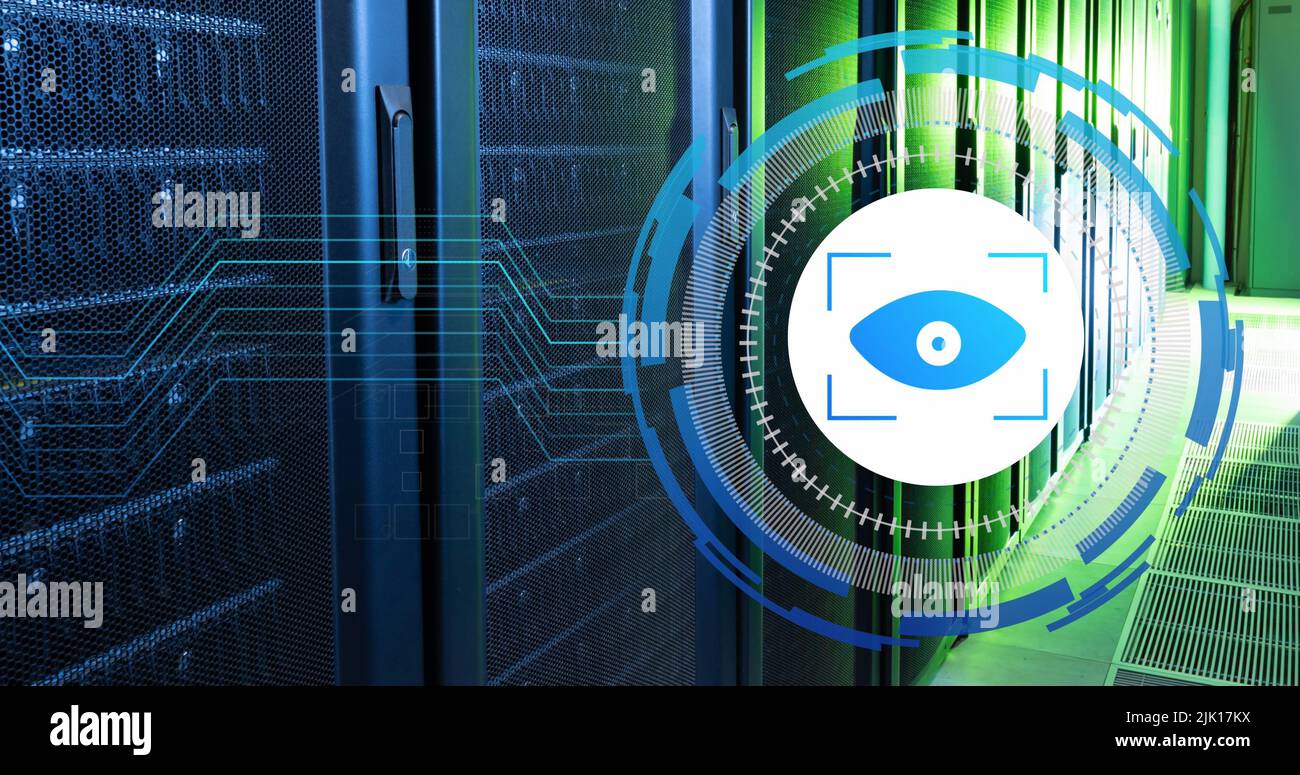 Image of data processing with eye icon over server room Stock Photo - Alamy