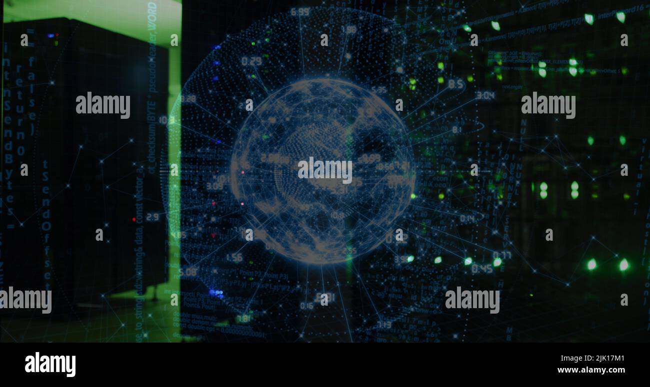Image of data processing and globe over server room Stock Photo - Alamy