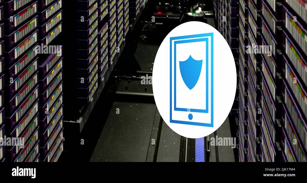 Image of data processing with shield icon over server room Stock Photo ...