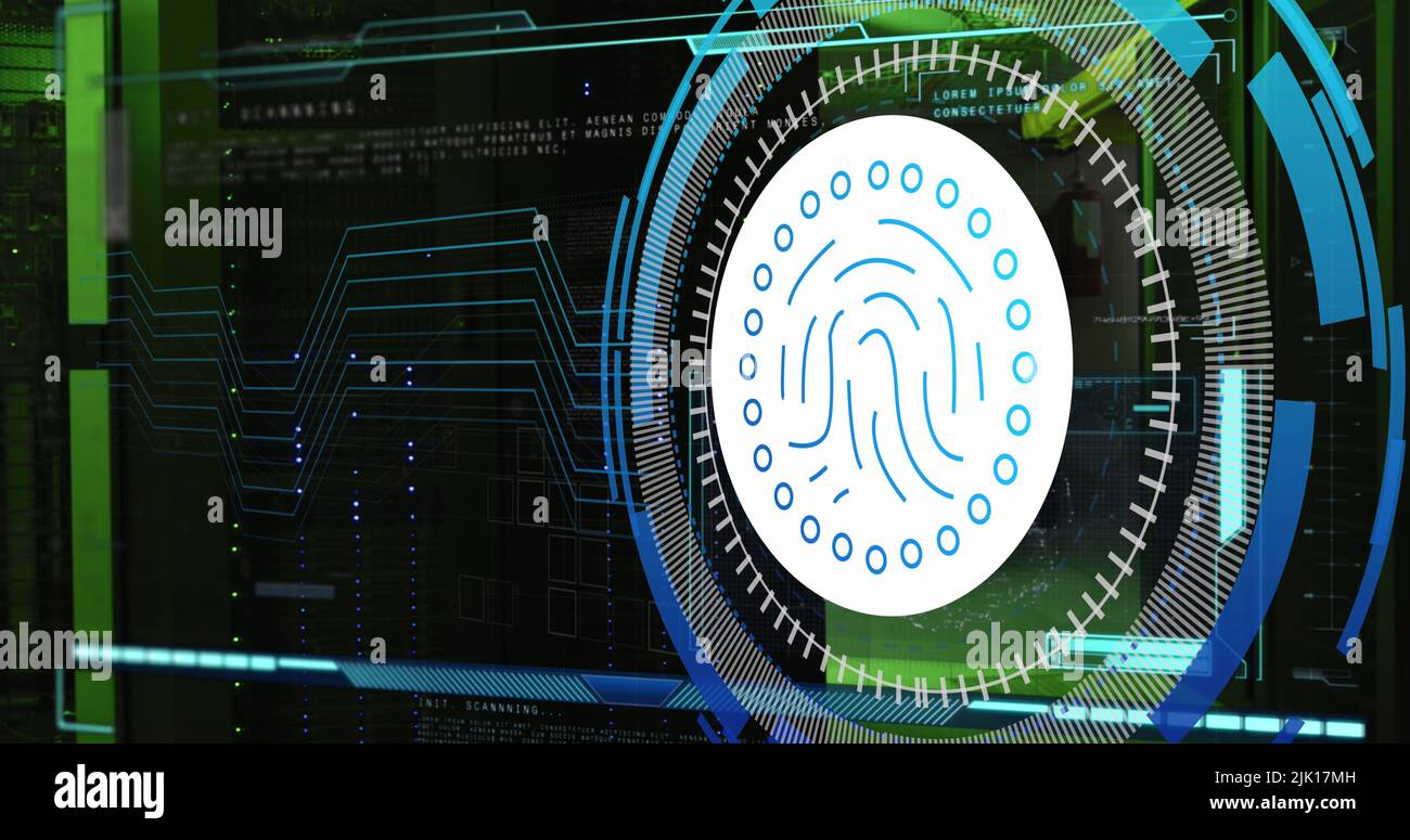 Image of data processing with fingerprint icon over server room Stock ...
