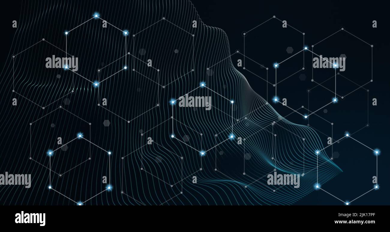 Image of connections and hexagons on black background Stock Photo - Alamy