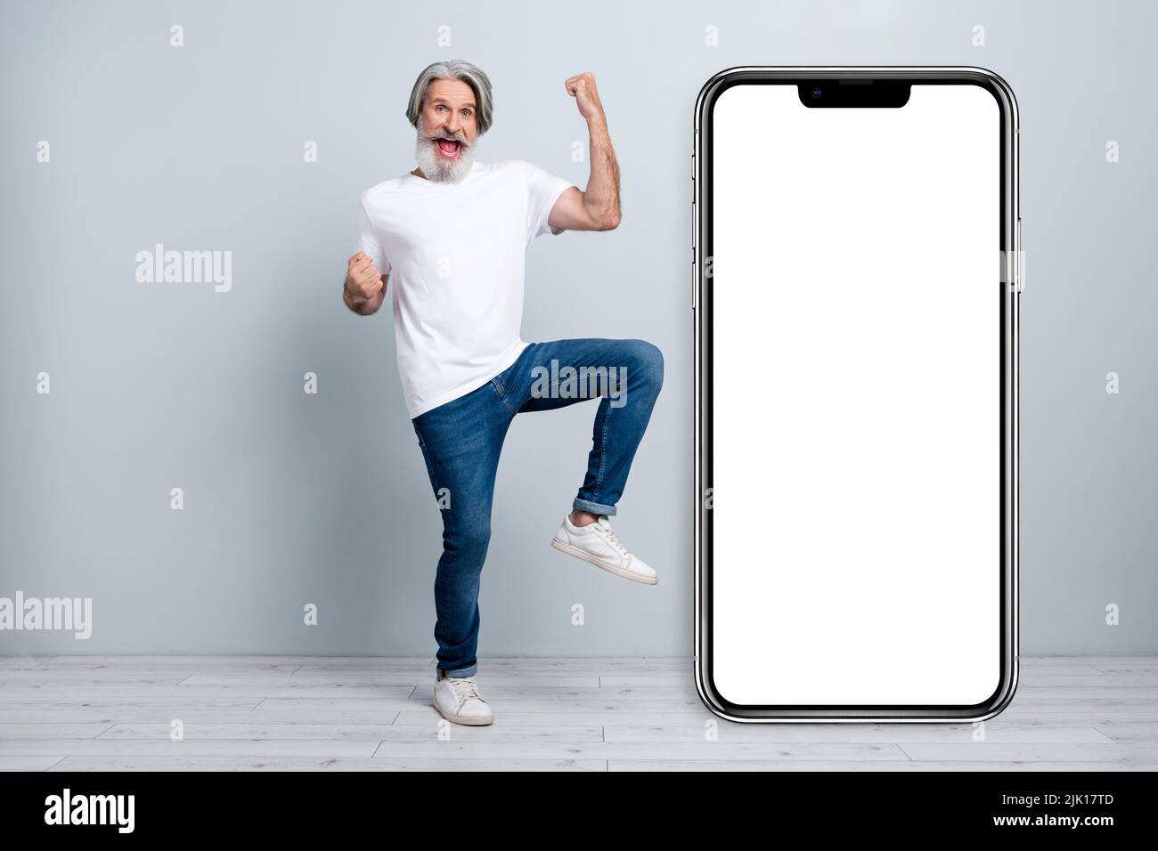 Full length body size view of attractive cheerful lucky man rejoicing ...