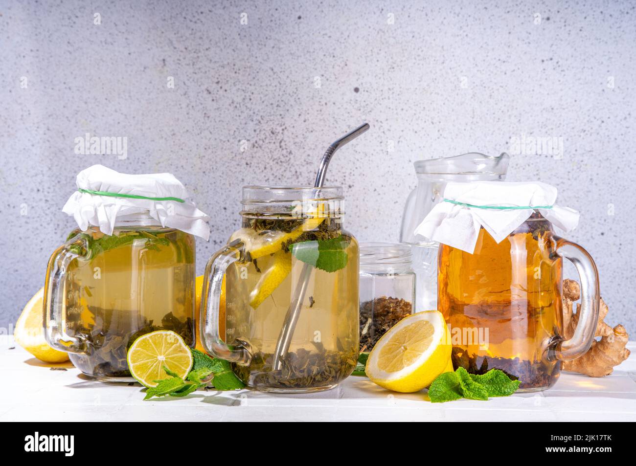 Homemade cold brew tea. Set of various healthy summer drink, cold slow ...