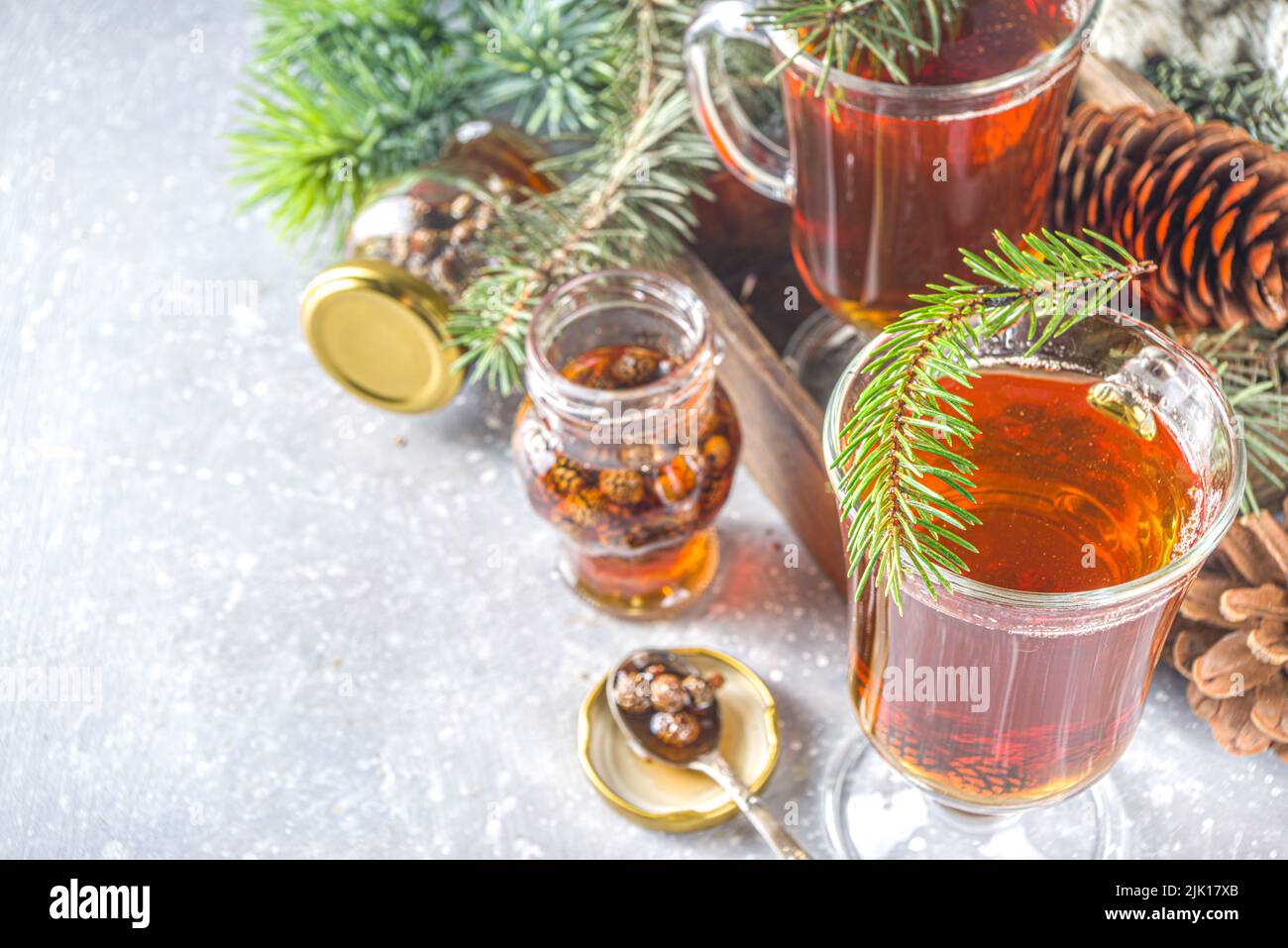 Pine Cone tea, aromatic organic winter hot tea drink with pine branch ...
