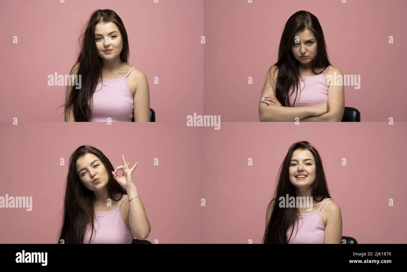 Collage photo with four different happy and sad emotions in one young ...