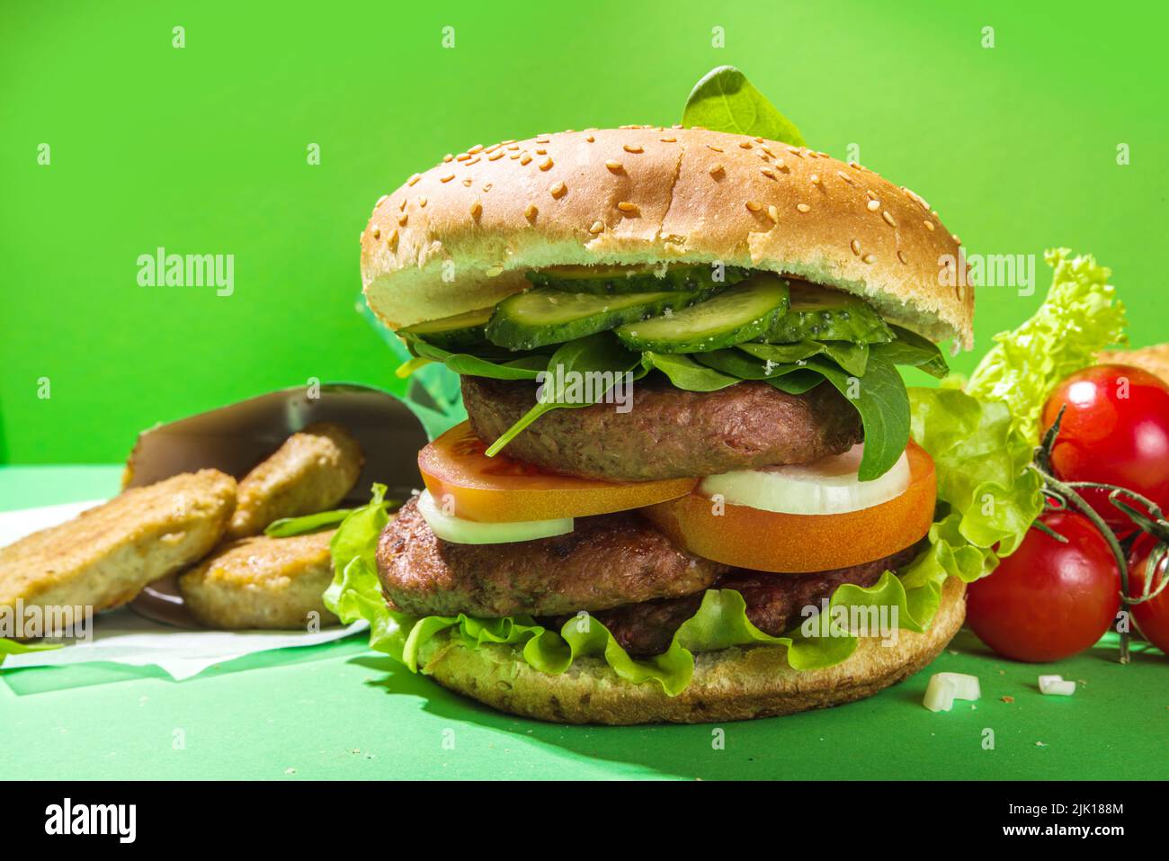 Vegan burger with plant-based green or lab-grown burger cutlet, fresh ...