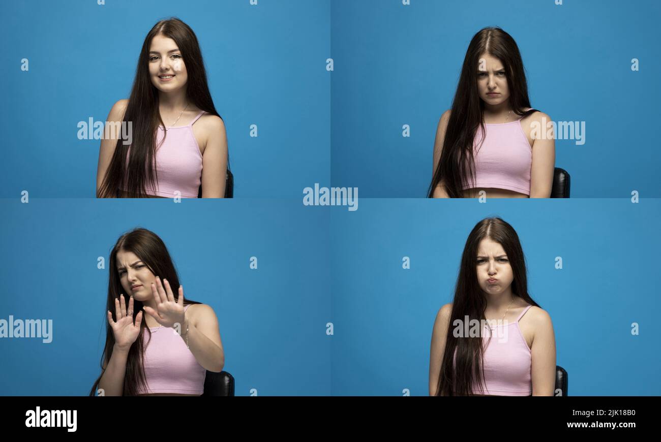 Set of young woman's in a pink t-shirt portraits with different happy ...