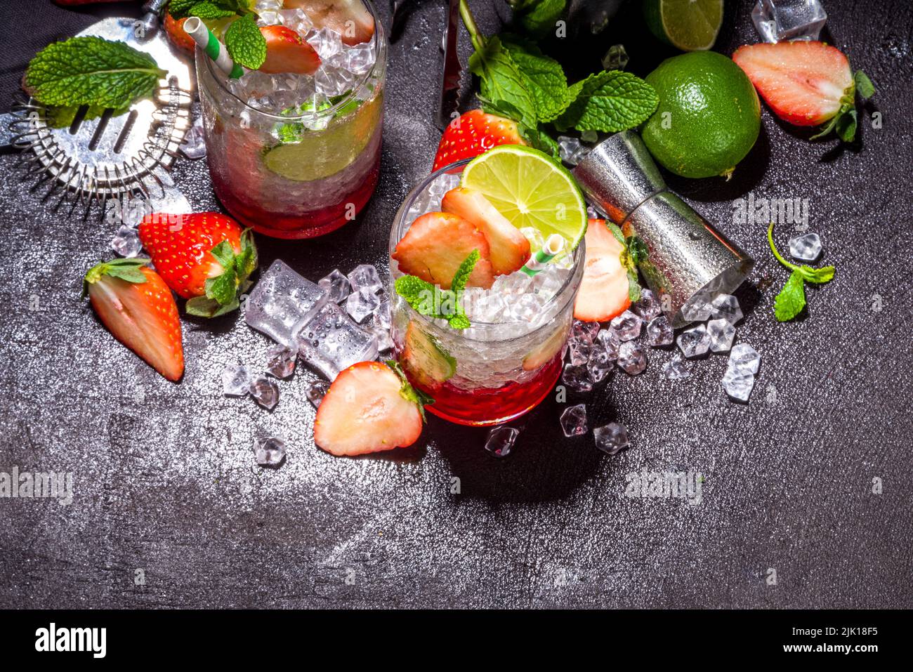 Strawberry citrus summer cooling drink, iced berry mojito lemonade with ...