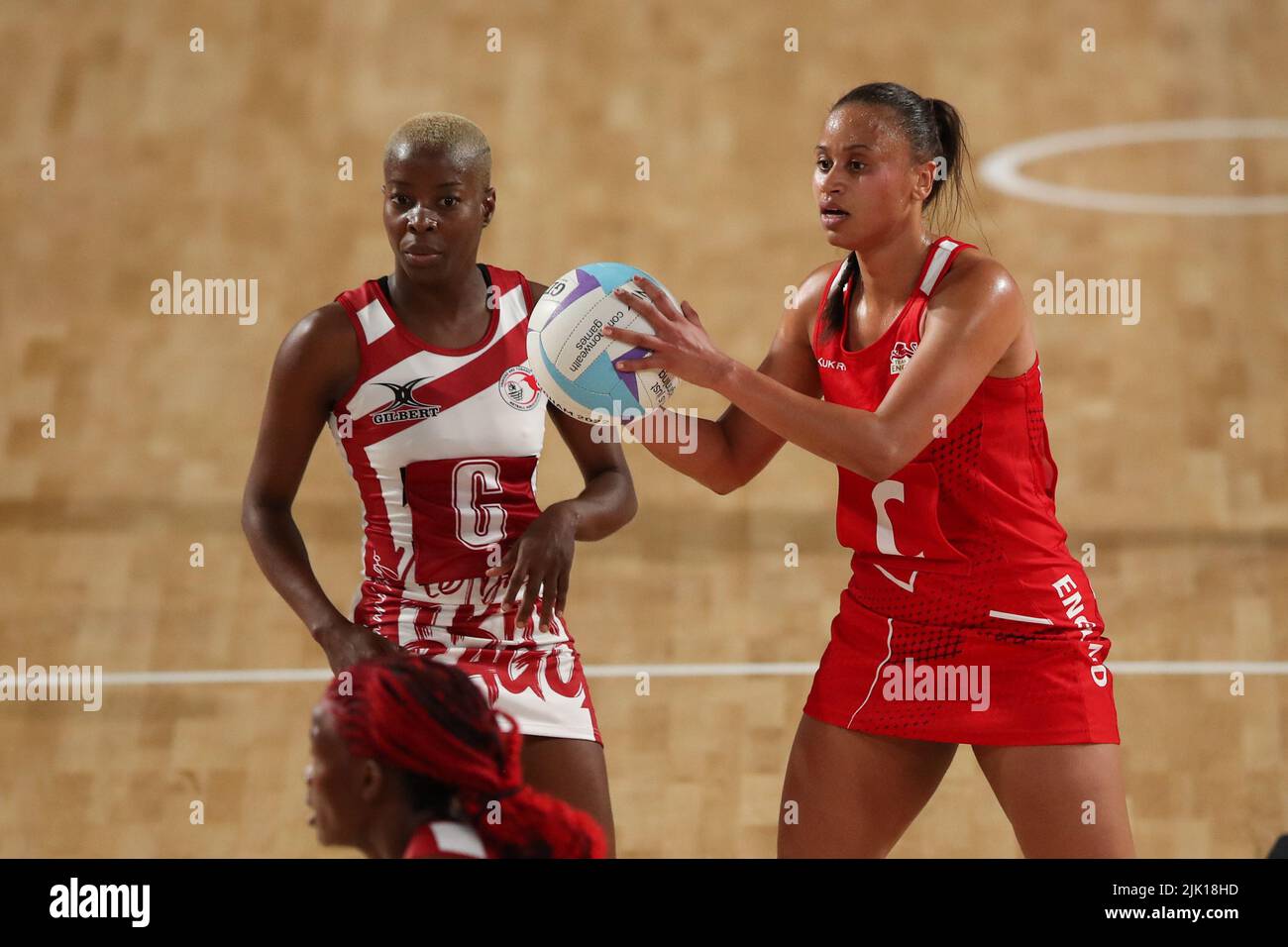 England’s Laura Malcolm in action during the Pool B Netball match ...