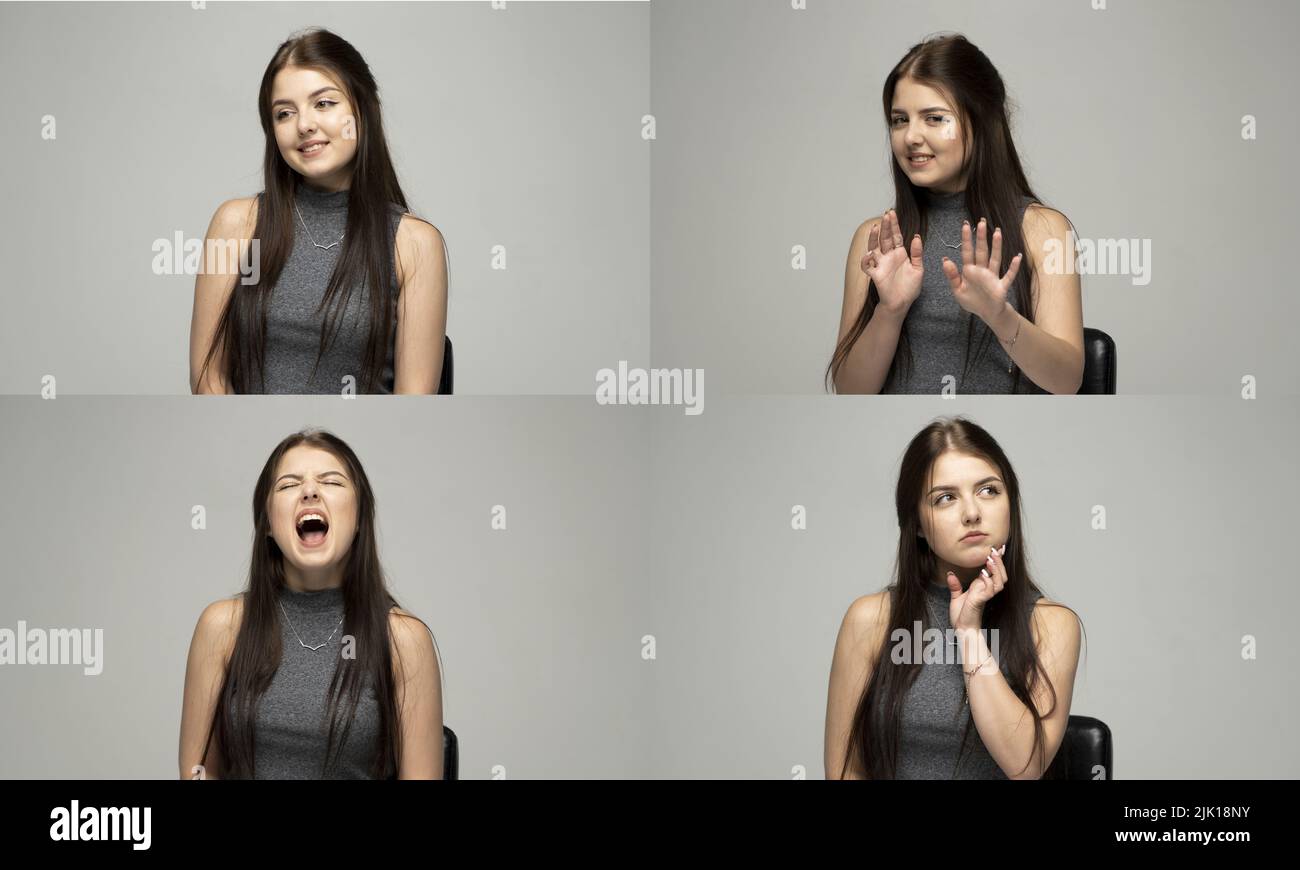 Set of young woman's portraits with different happy and sad emotions ...