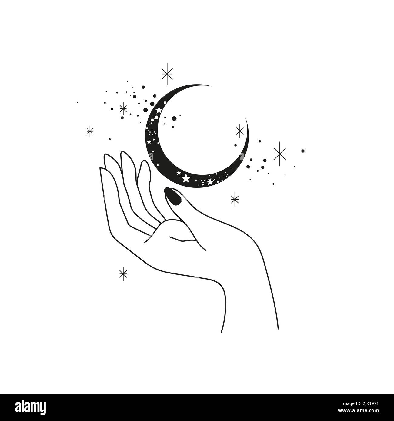 Hand stars and moon line art illustration Stock Photo - Alamy