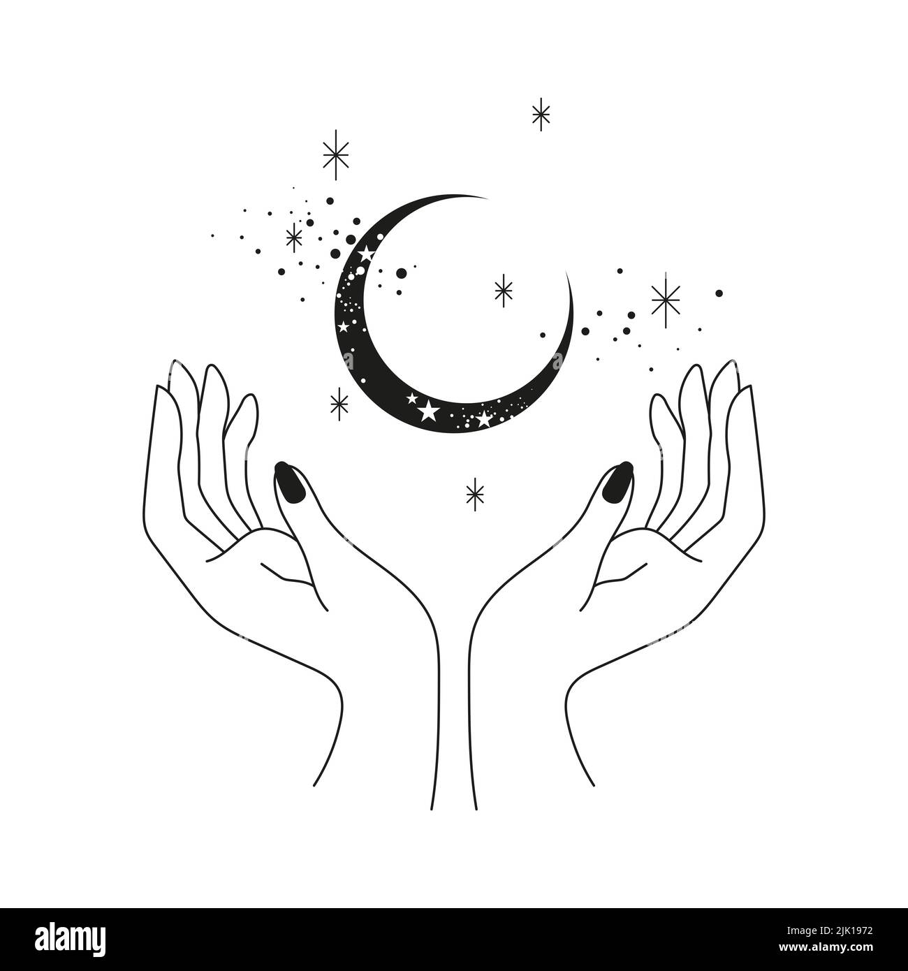 Hands stars and moon line art illustration Stock Photo - Alamy
