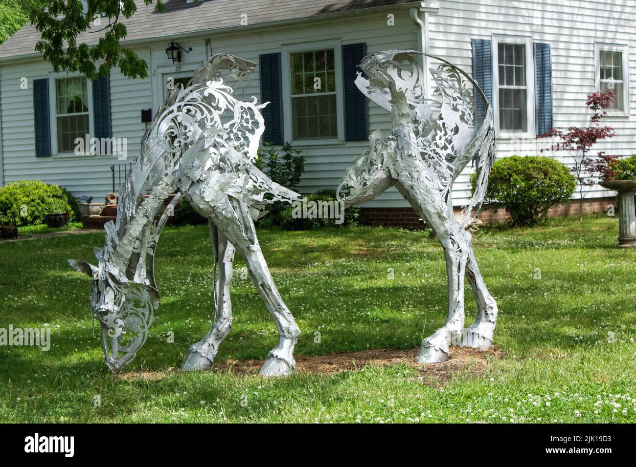 An abstract metal horse sculpture split in two in the backyard, Cary ...