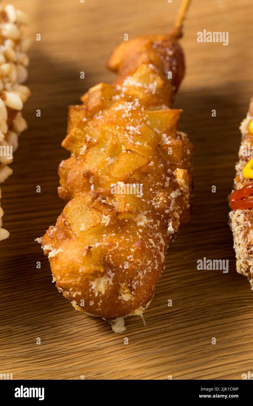 Homemade Fried Korean Corn Dog with Potatoes and Rice Toppings Stock ...