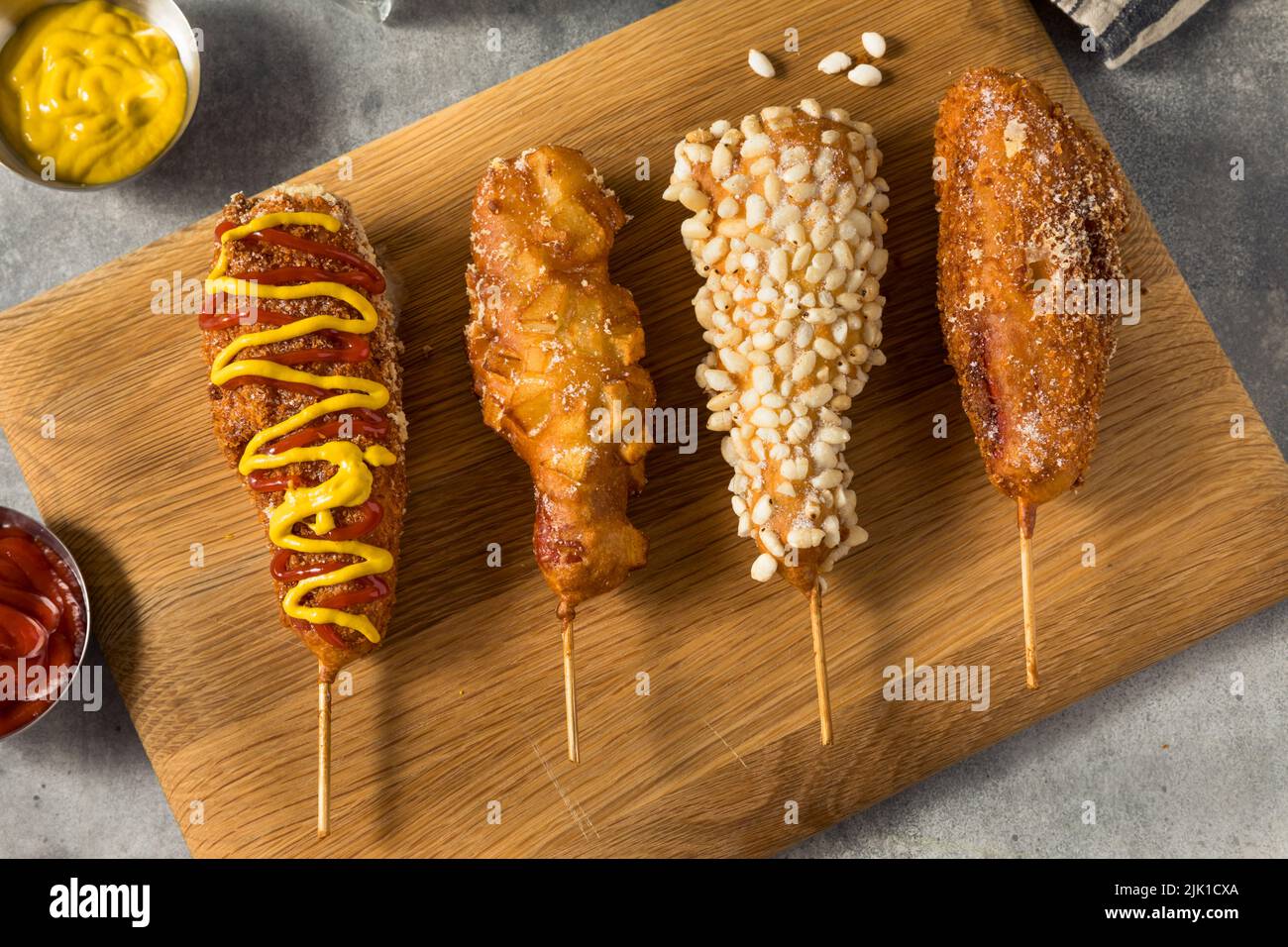 Homemade Fried Korean Corn Dog with Potatoes and Rice Toppings Stock ...