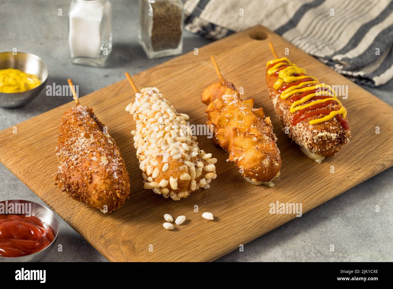 Homemade Fried Korean Corn Dog with Potatoes and Rice Toppings Stock ...