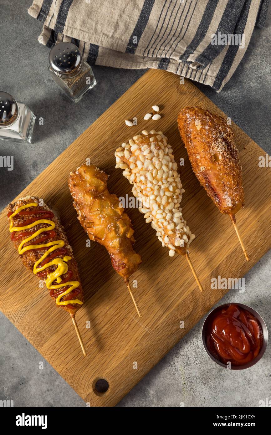 Homemade Fried Korean Corn Dog with Potatoes and Rice Toppings Stock ...