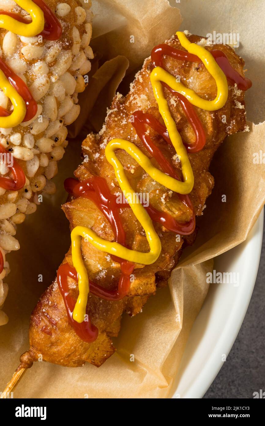 Homemade Fried Korean Corn Dog with Potatoes and Rice Toppings Stock ...