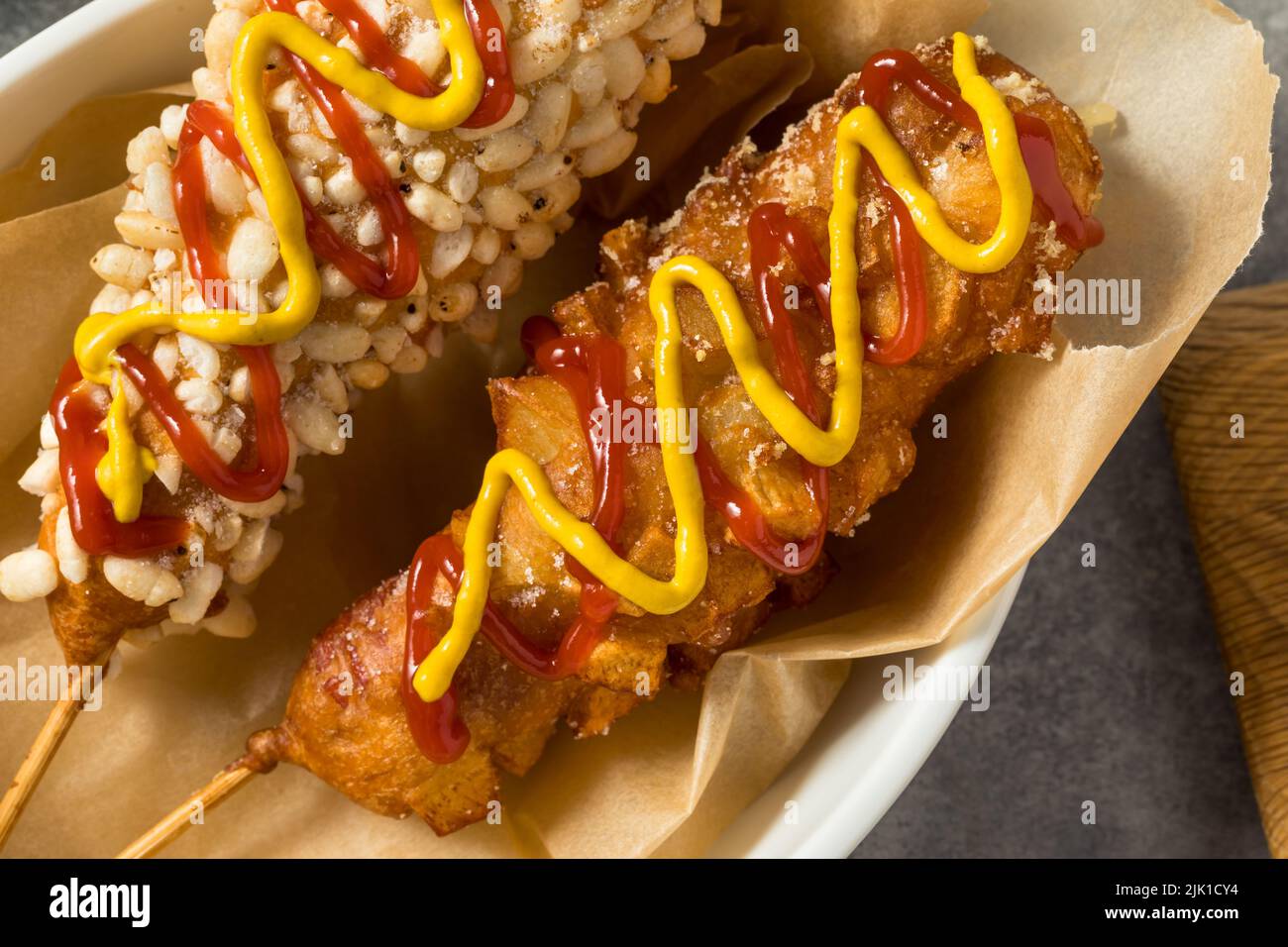 Homemade Fried Korean Corn Dog with Potatoes and Rice Toppings Stock ...