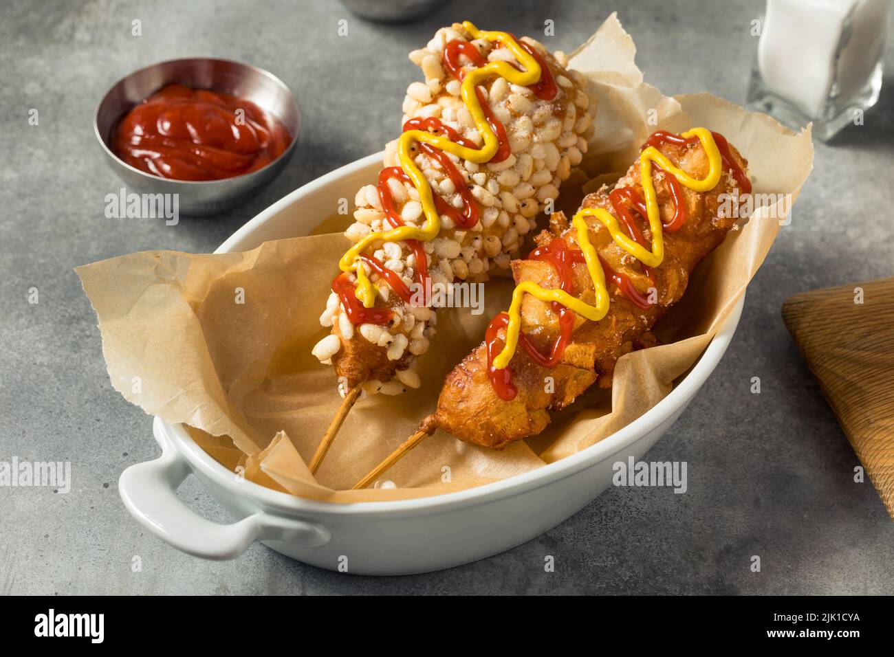 Homemade Fried Korean Corn Dog with Potatoes and Rice Toppings Stock ...