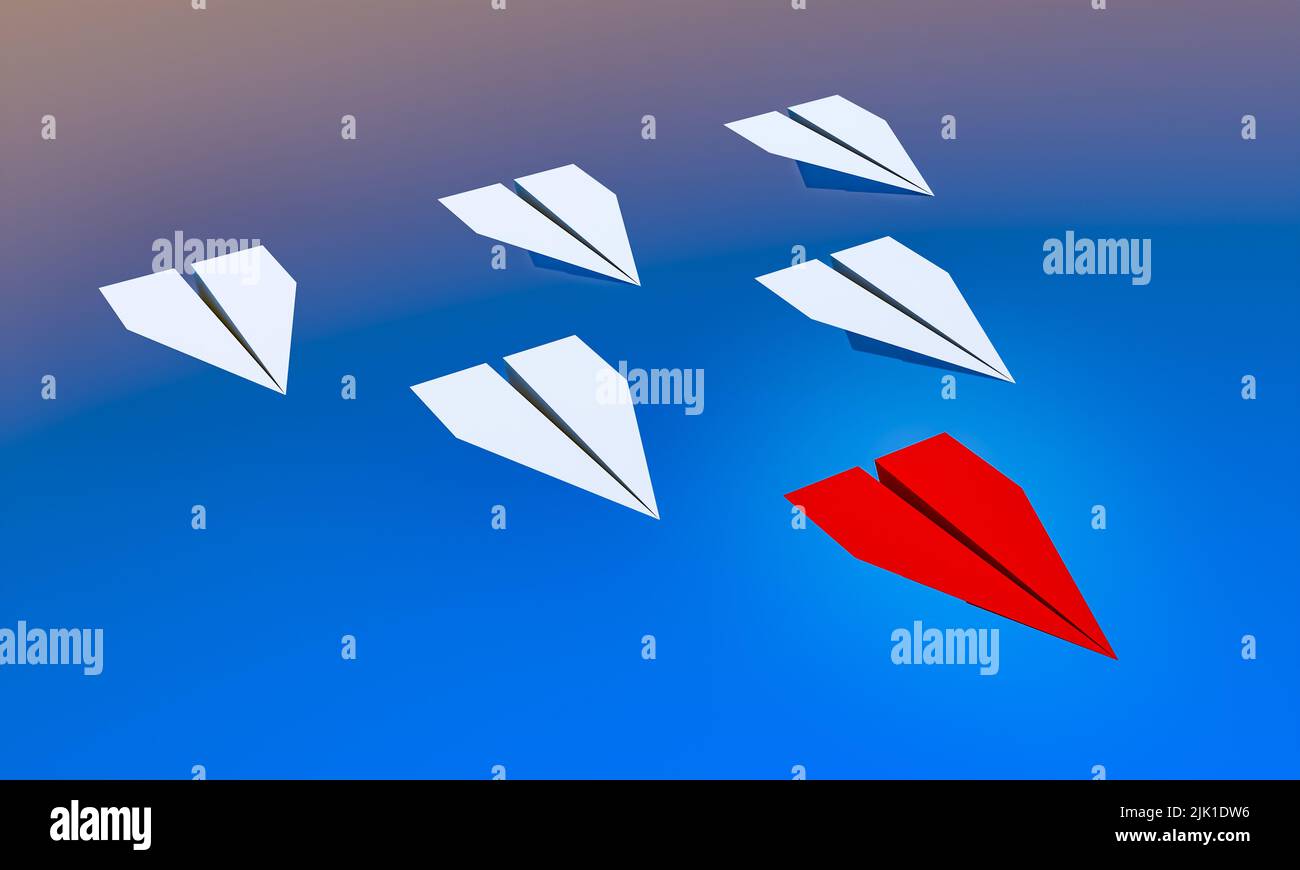 Leadership concept. Red leader plane leads other planes forward. 3d ...