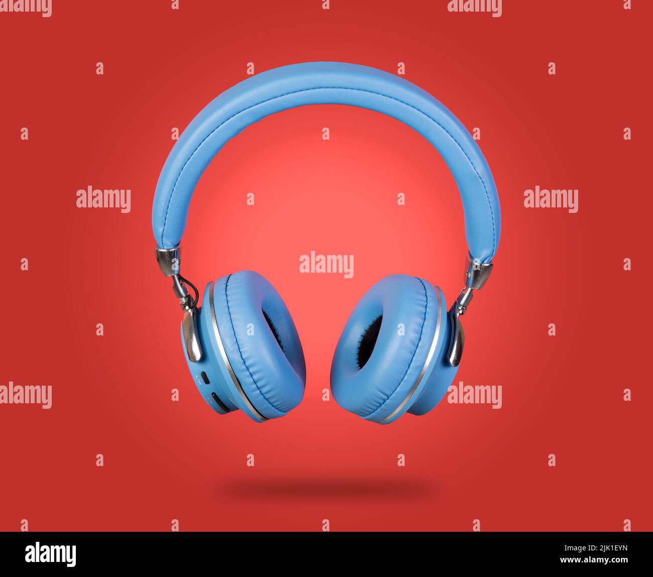 Blue color Isolated wireless headphone with red banner template Stock ...