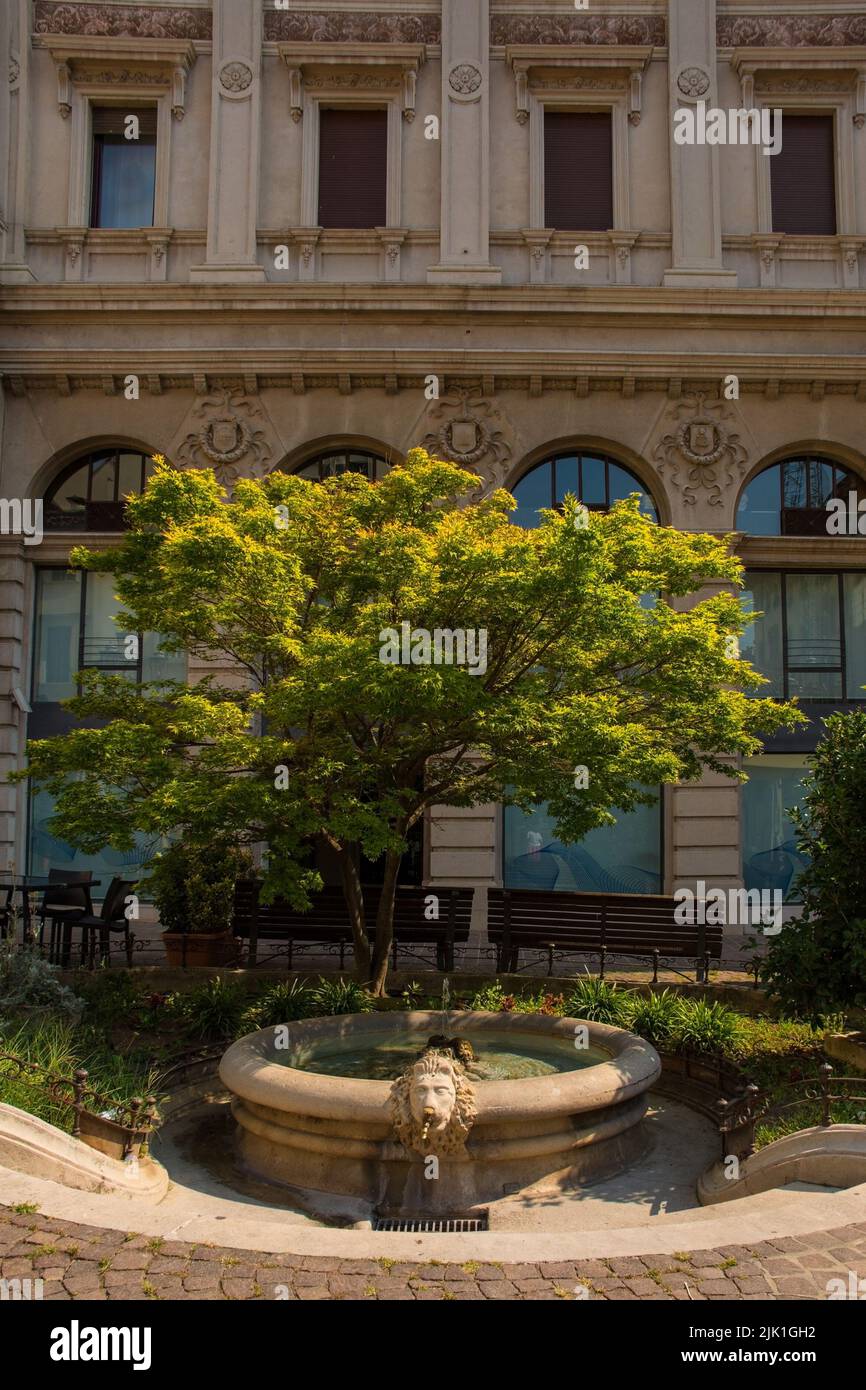 A fountain featuring a lion head with spout in the historic centre of ...