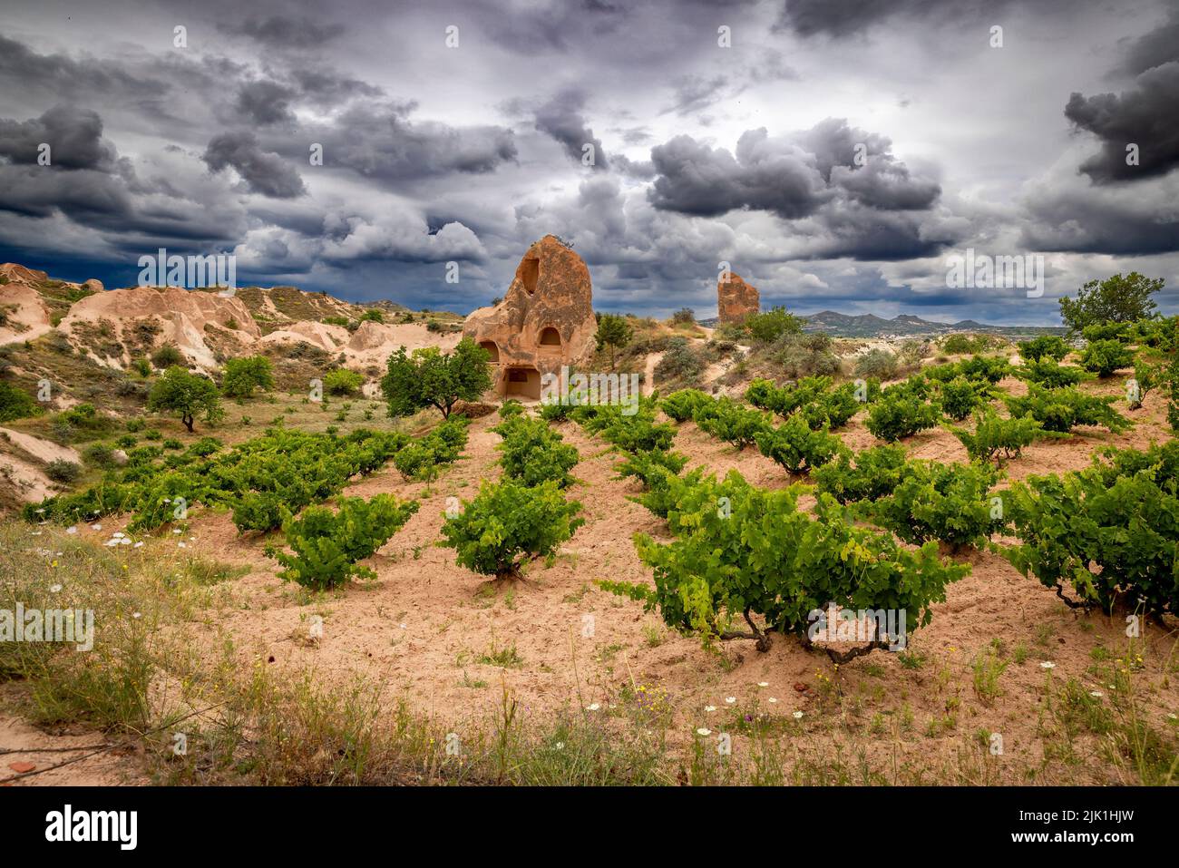 view of red valley in turkey with cloudy sky and building carved in the ...