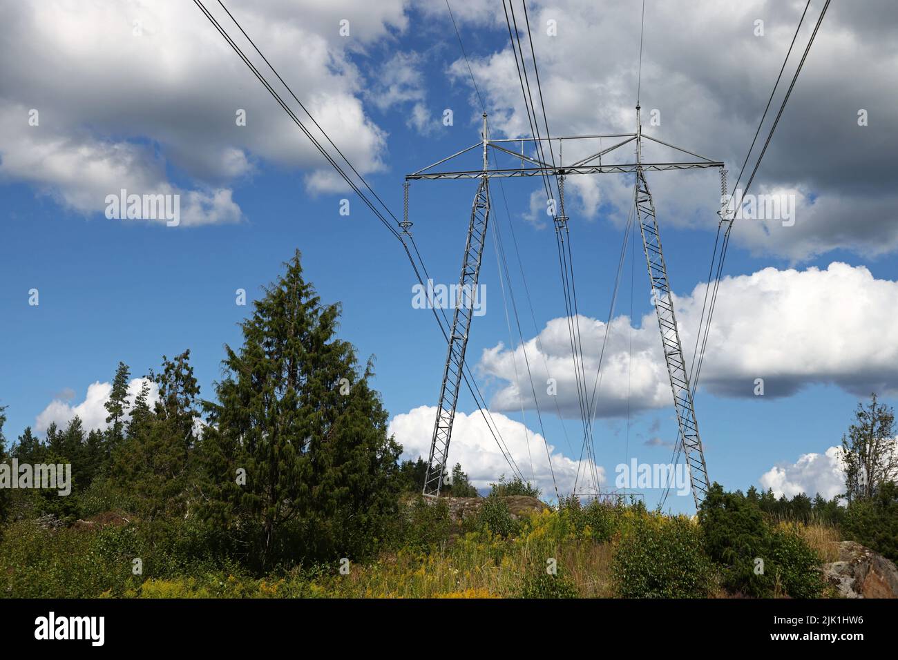 Power lines in the countryside just south of Godegård, Sweden Stock ...