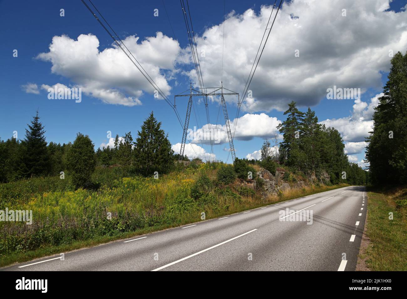 Power lines in the countryside just south of Godegård, Sweden Stock ...