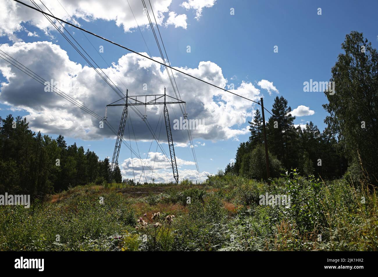 Power lines in the countryside just south of Godegård, Sweden Stock ...