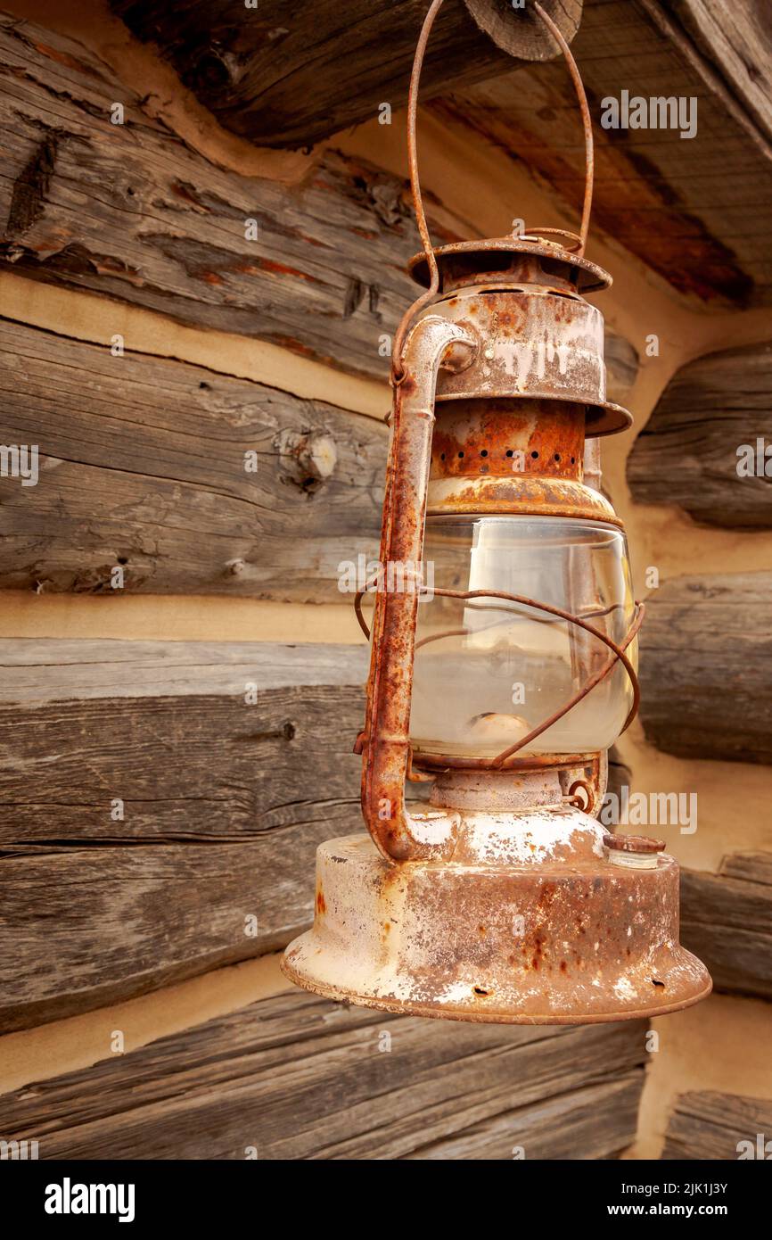 Kerosene Lamp on Log Cabin Stock Photo - Alamy