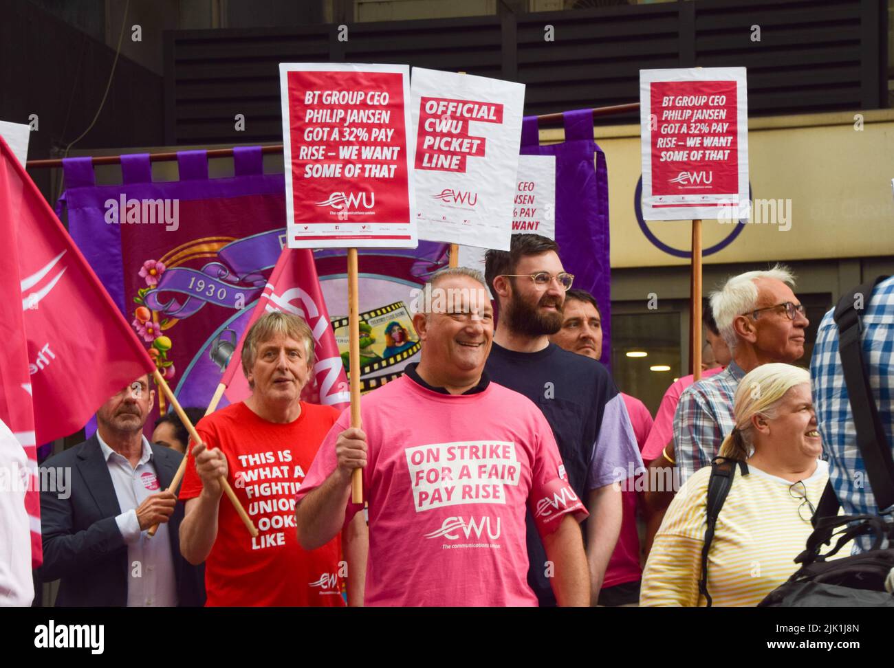 CWU (Communication Workers Union) members hold picket placards during ...