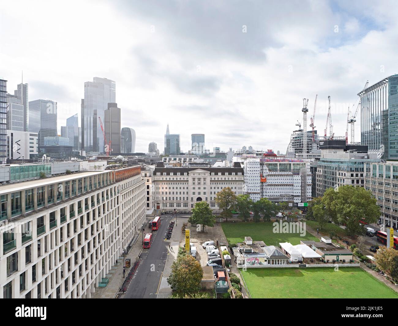 Elevated view across Finsbury Square with London skyline beyond. The ...