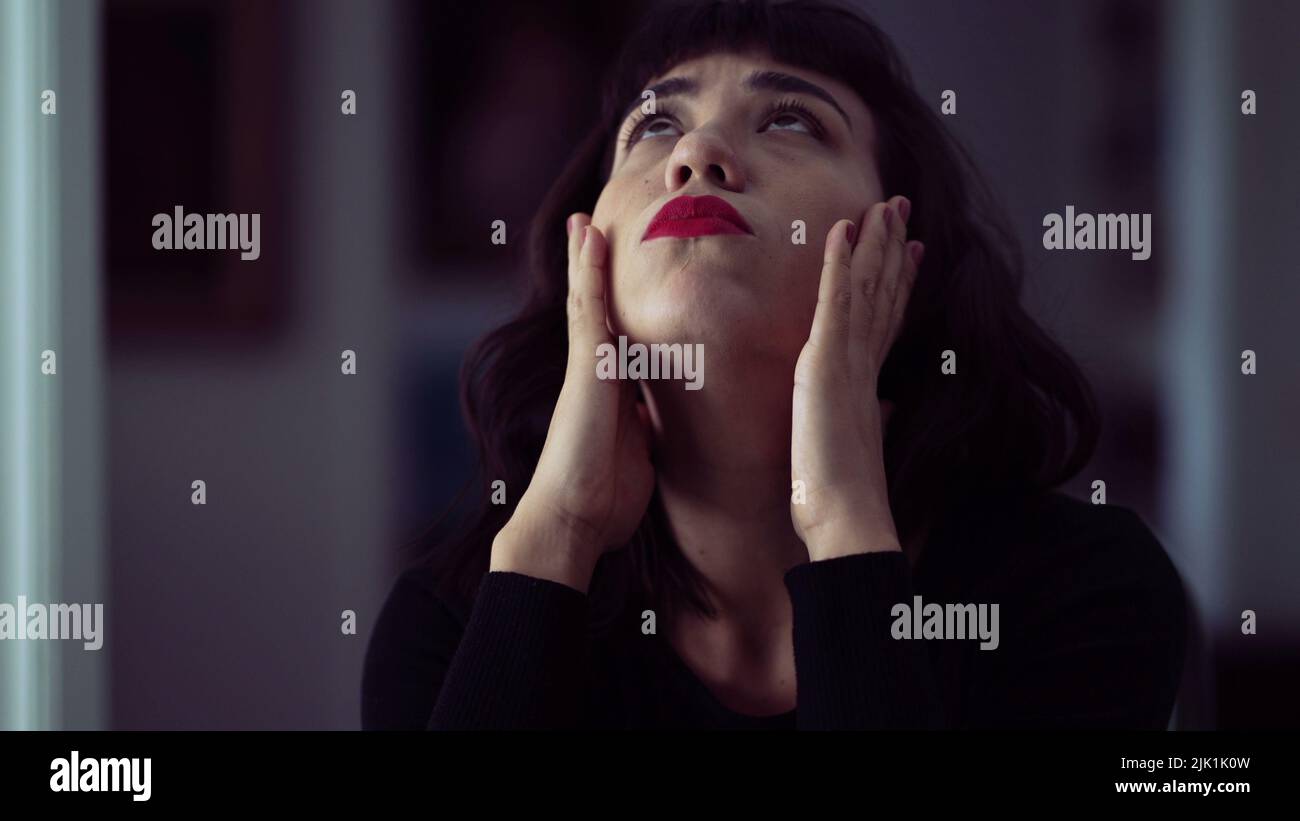 Young woman suffering alone with negative emotion closeup face. Girl in ...