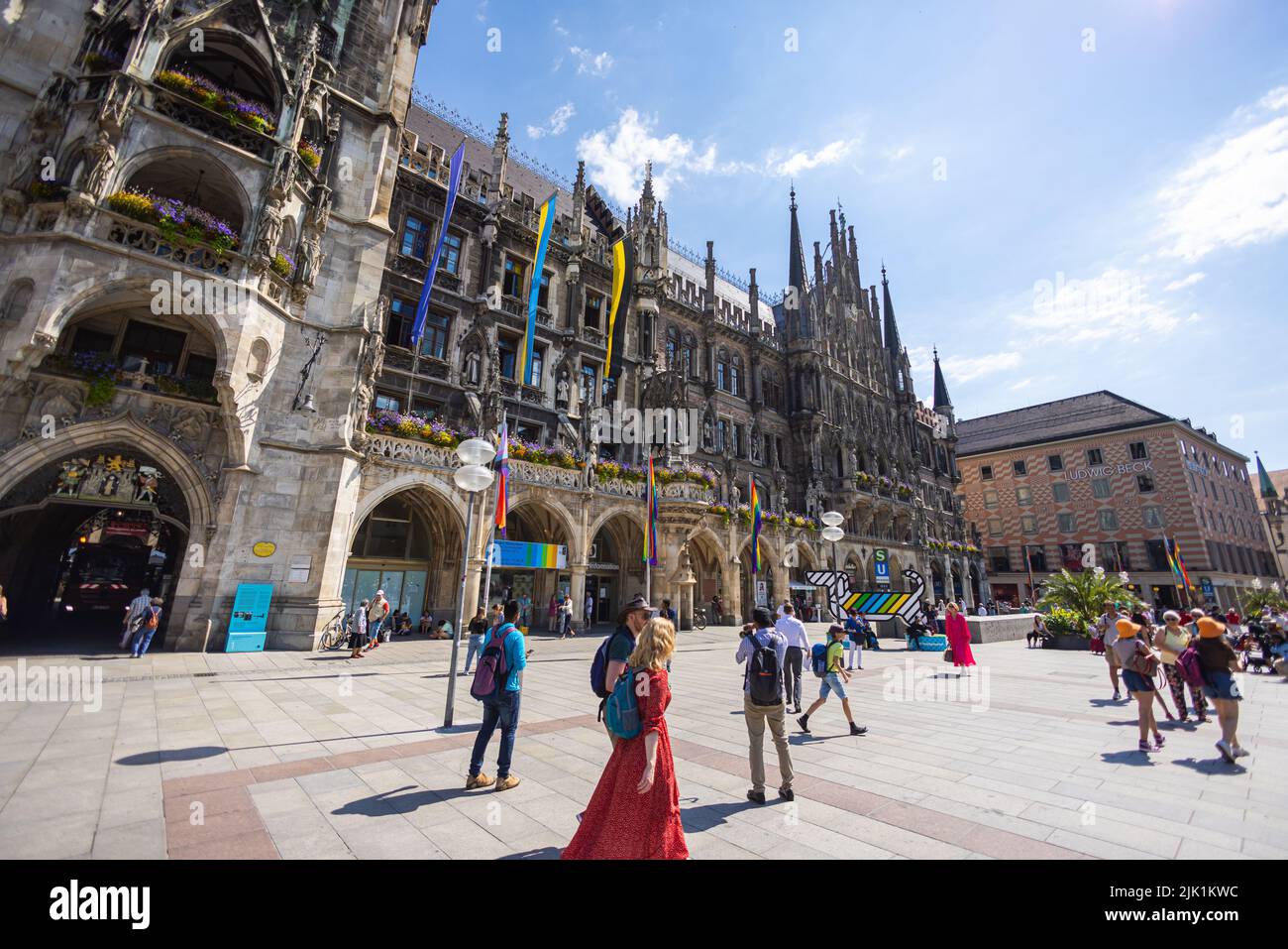 Munich, Germany - July 6, 2022: Cityscape at the new town hall München ...