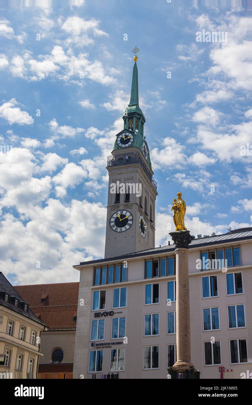 Munich, Germany - July 6, 2022: View from Marienplatz to the bell tower ...