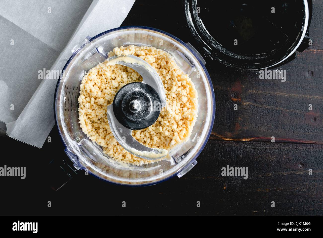 Making Buttery Pastry Crust in a Food Processor: Overhead view of flour ...