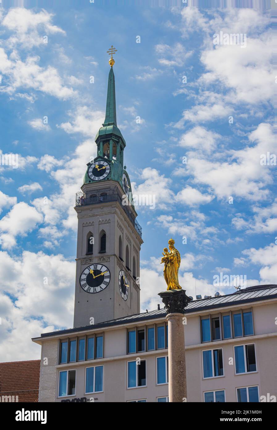 Munich, Germany - July 6, 2022: View from Marienplatz to the bell tower ...