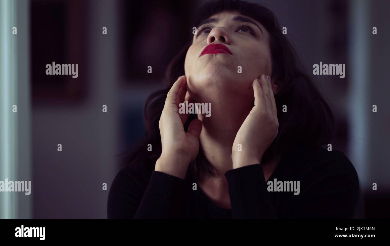 Young woman suffering alone with negative emotion closeup face. Girl in ...