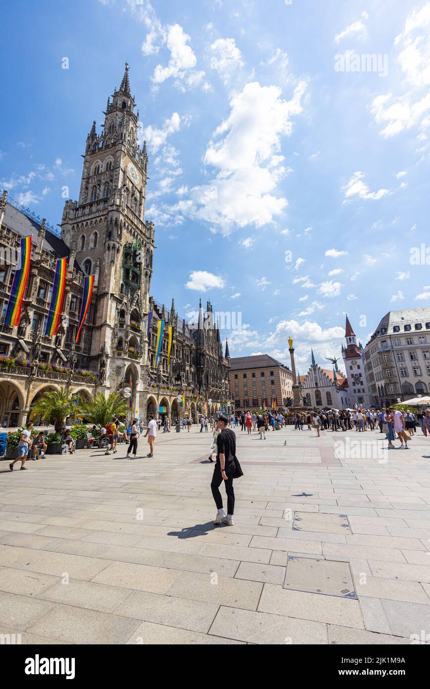 Munich, Germany - July 6, 2022: Cityscape at the new town hall München ...