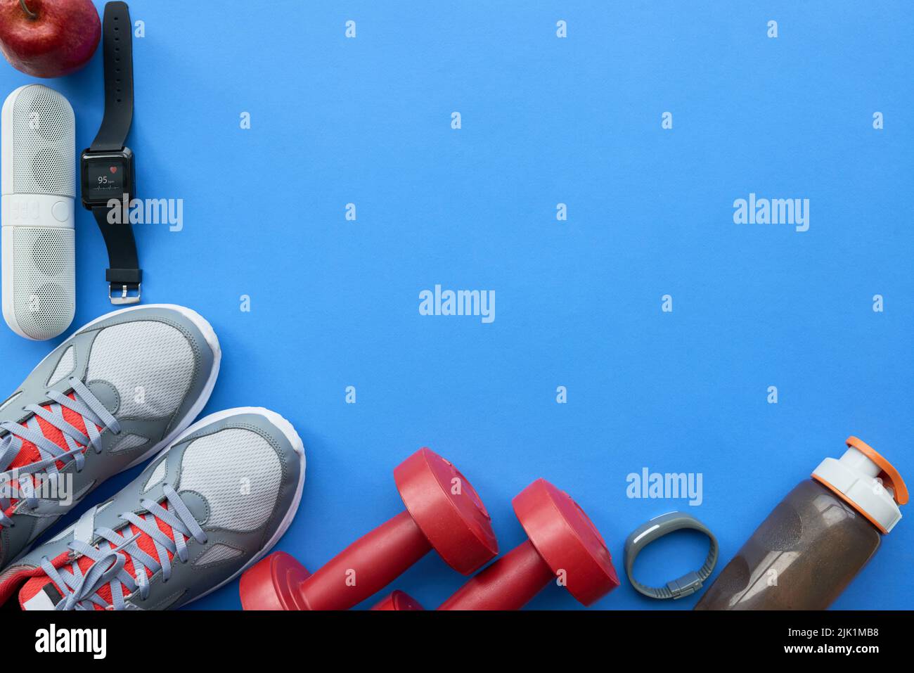 Blue background with various sport equipment on it Stock Photo - Alamy