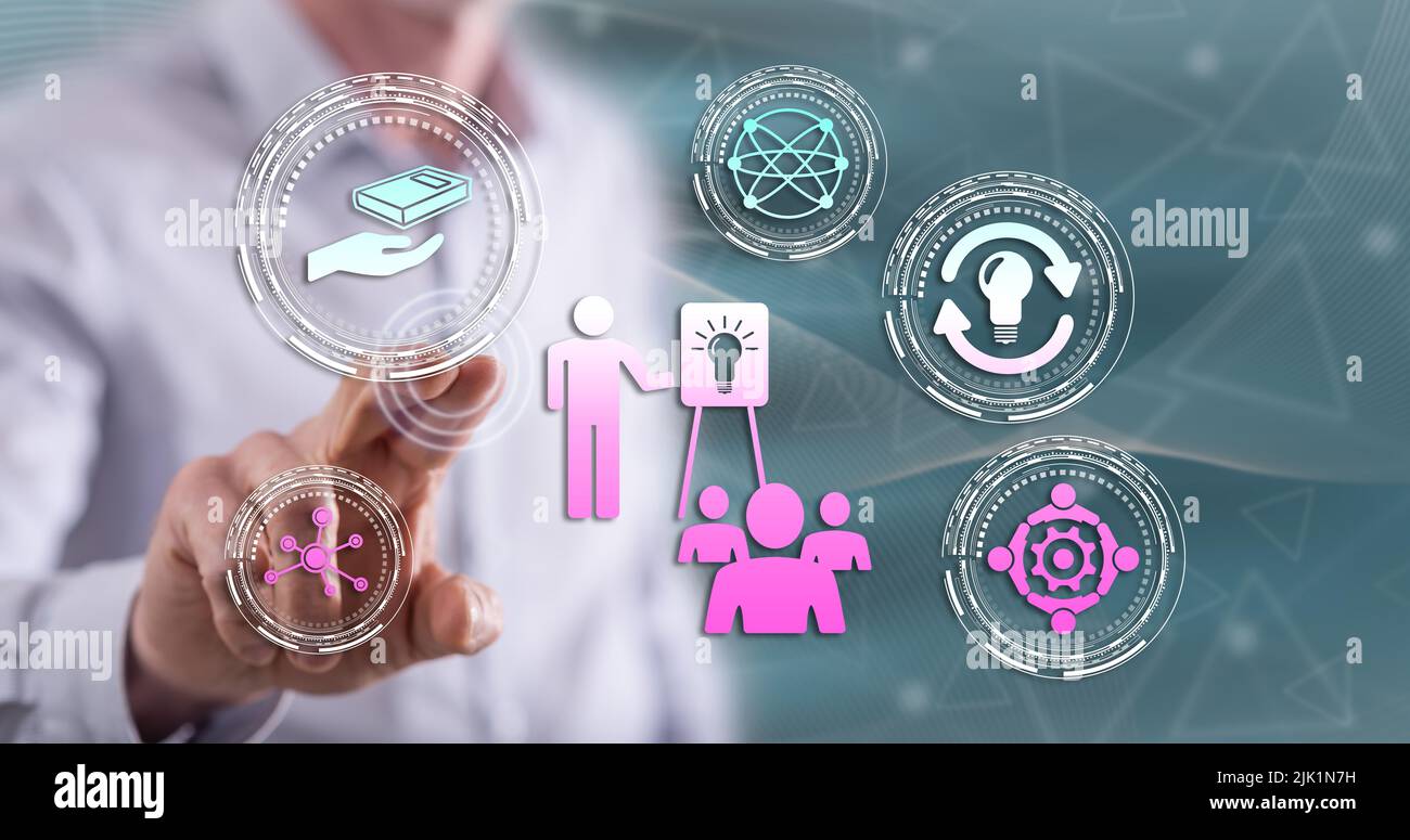 Man touching a knowledge sharing concept on a touch screen with his ...