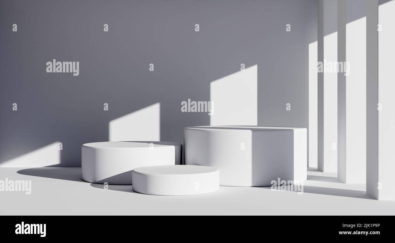 Three white round product podiums in minimal style with building ...