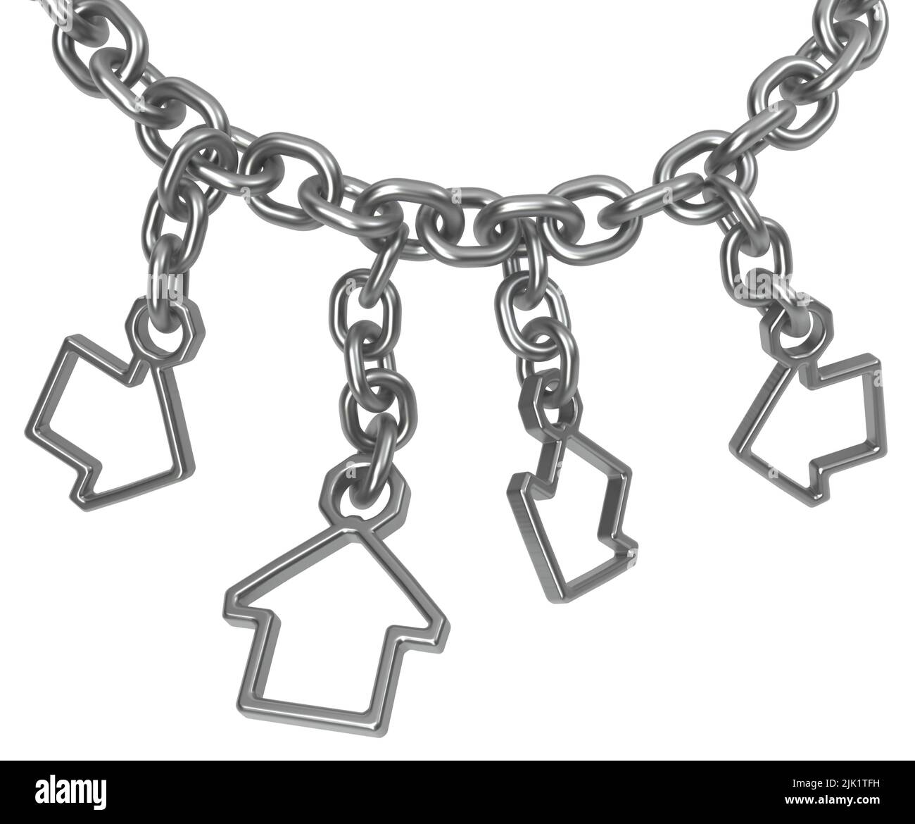Chain house shapes hanging, dark grey metal 3d illustration, isolated ...